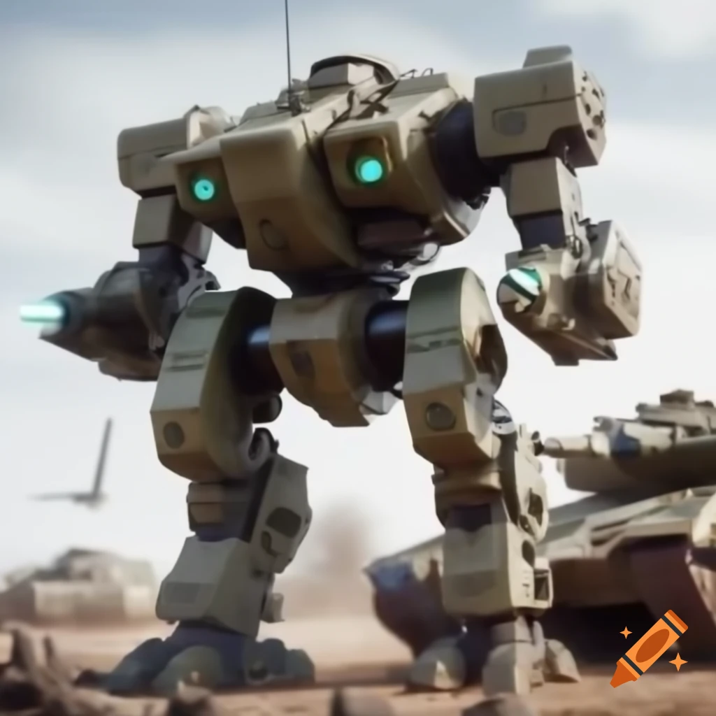 Heavily armored bipedal battle mech with angular design and weapon pods ...