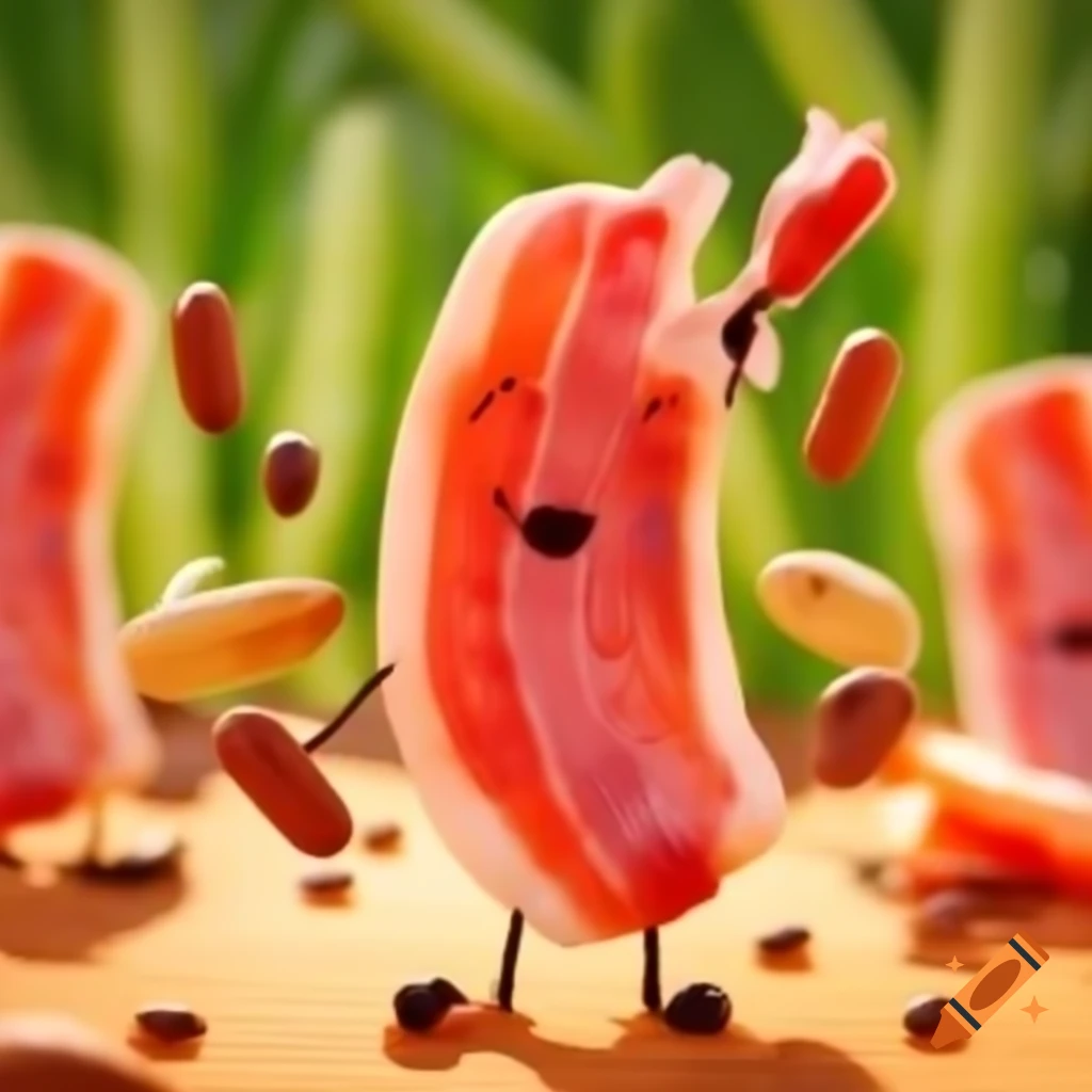 Cute bacon surrounded by anime styled cheering beans on Craiyon
