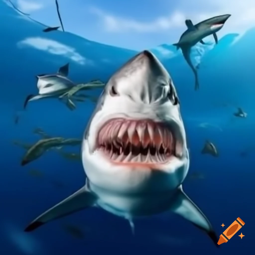 Turtles and shark hybrid in ocean preying on fish on Craiyon