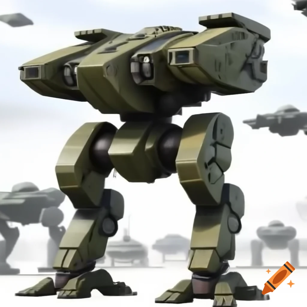 Heavily armored bipedal battle mech with angular design and weapon pods ...