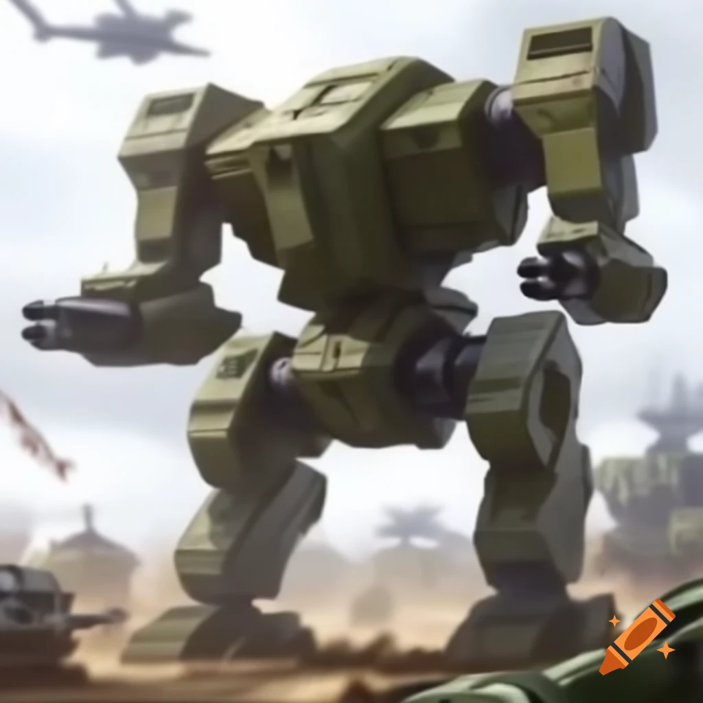 Heavily armored bipedal battle mech with angular design and weapon pods ...