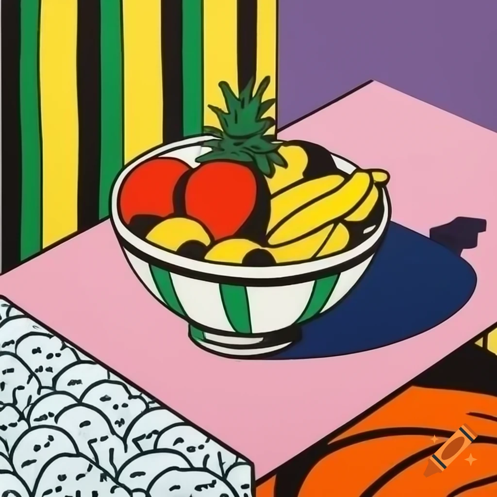 Bowl of fruit in Roy Lichtenstein style with vibrant pop art colors on ...
