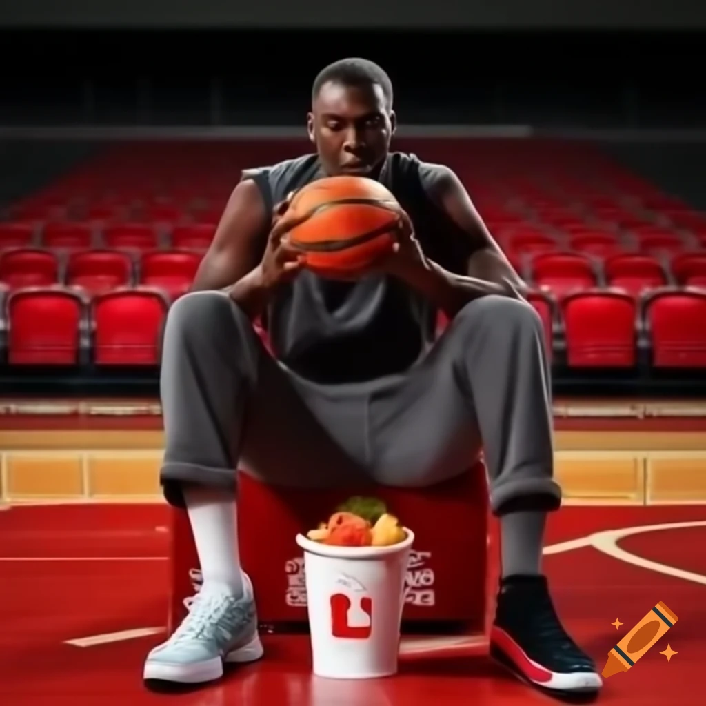 Man enjoying KFC on basketball court with bucket and watermelon on Craiyon