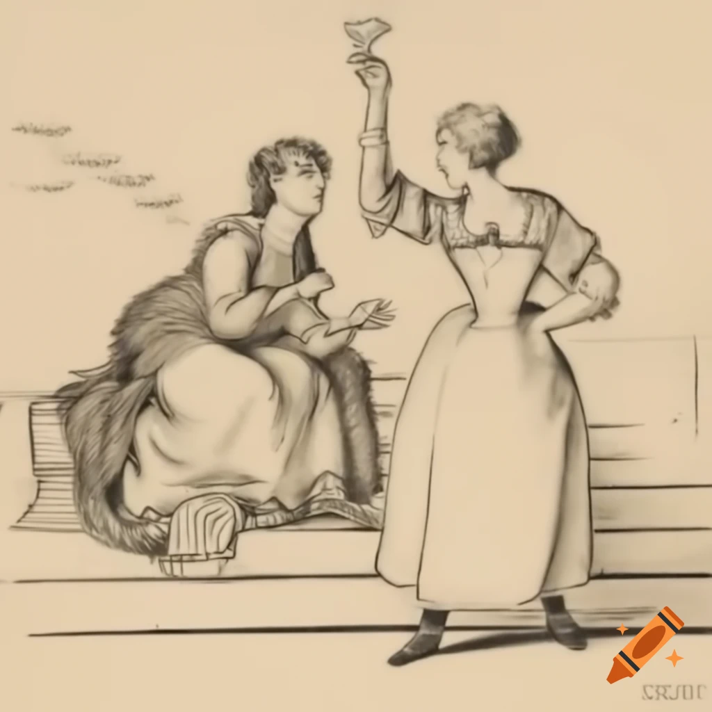 Hand-sketched scene of Romeo and Mercutio sharing a laugh with Capulet ...