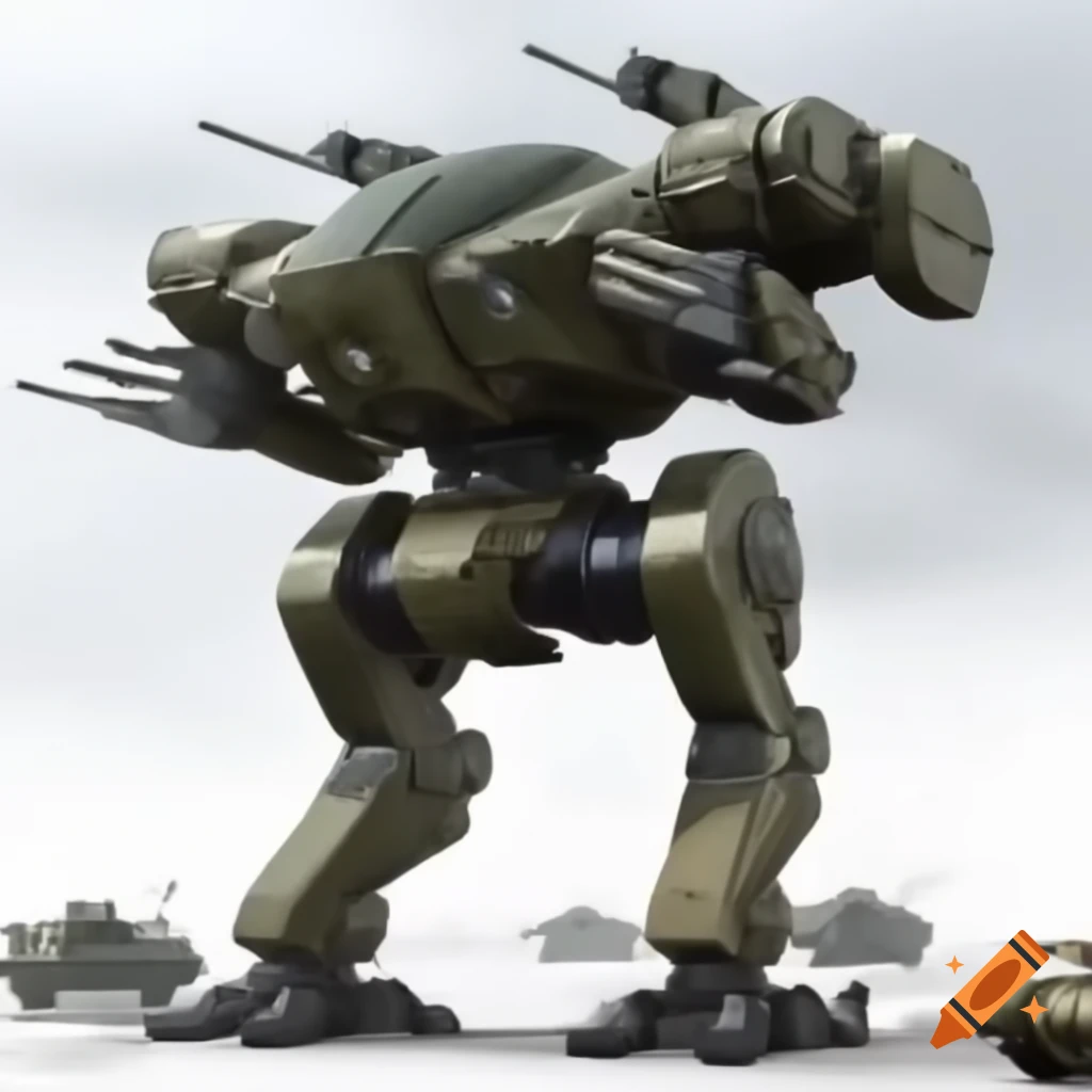 Heavily armored bipedal battle mech with angular design and weapon pods ...