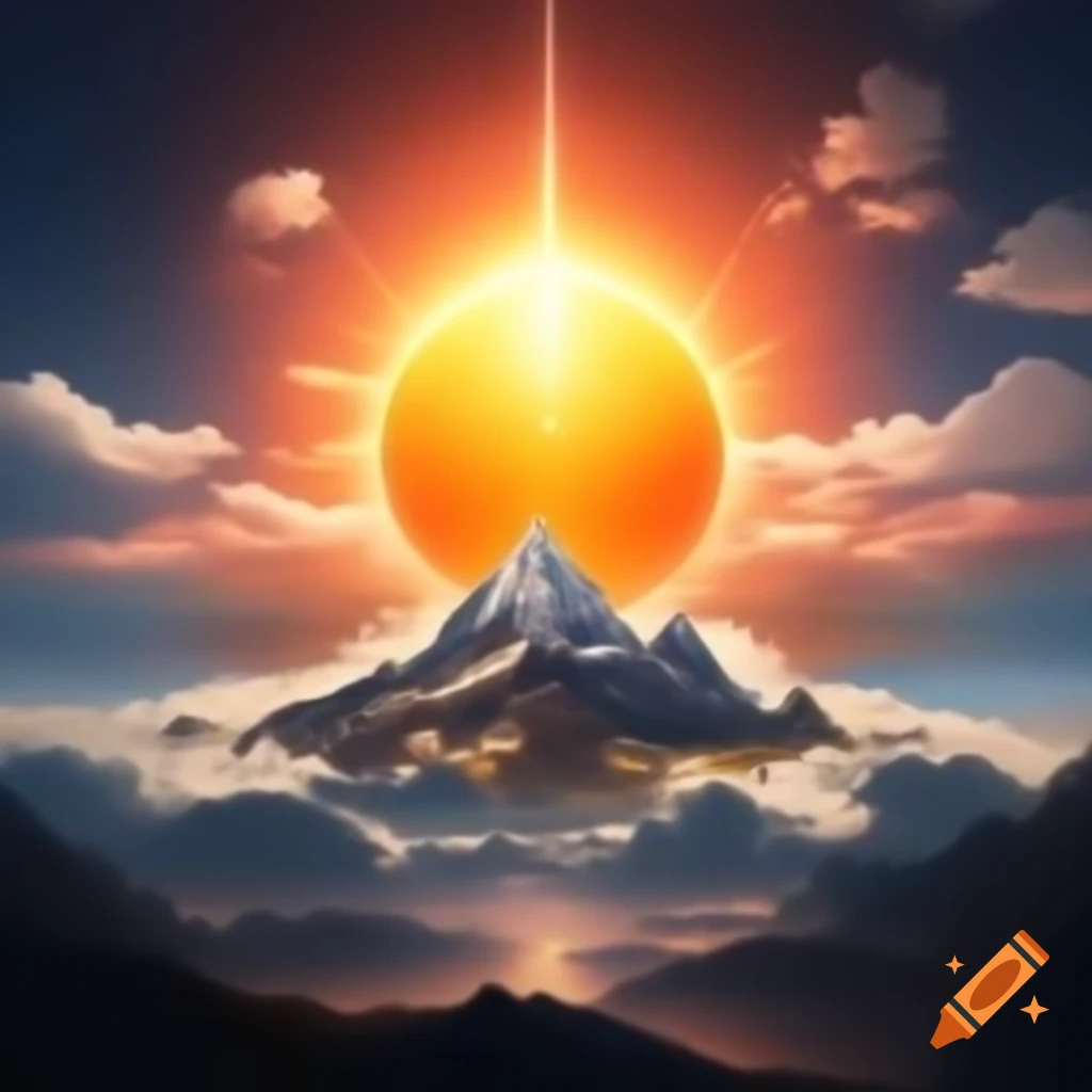 Mount Kailash drawing with orange rising sun and Sri Chakra colors in ...