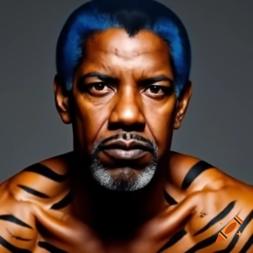 Athletic man with tiger-style makeup featuring blue hair and orange ...