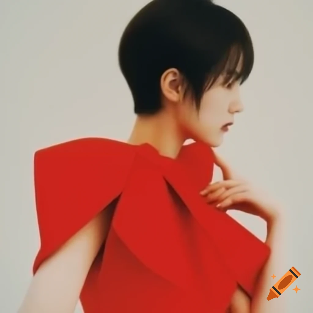 Young Miki Matsubara in red minidress looking in love on Craiyon