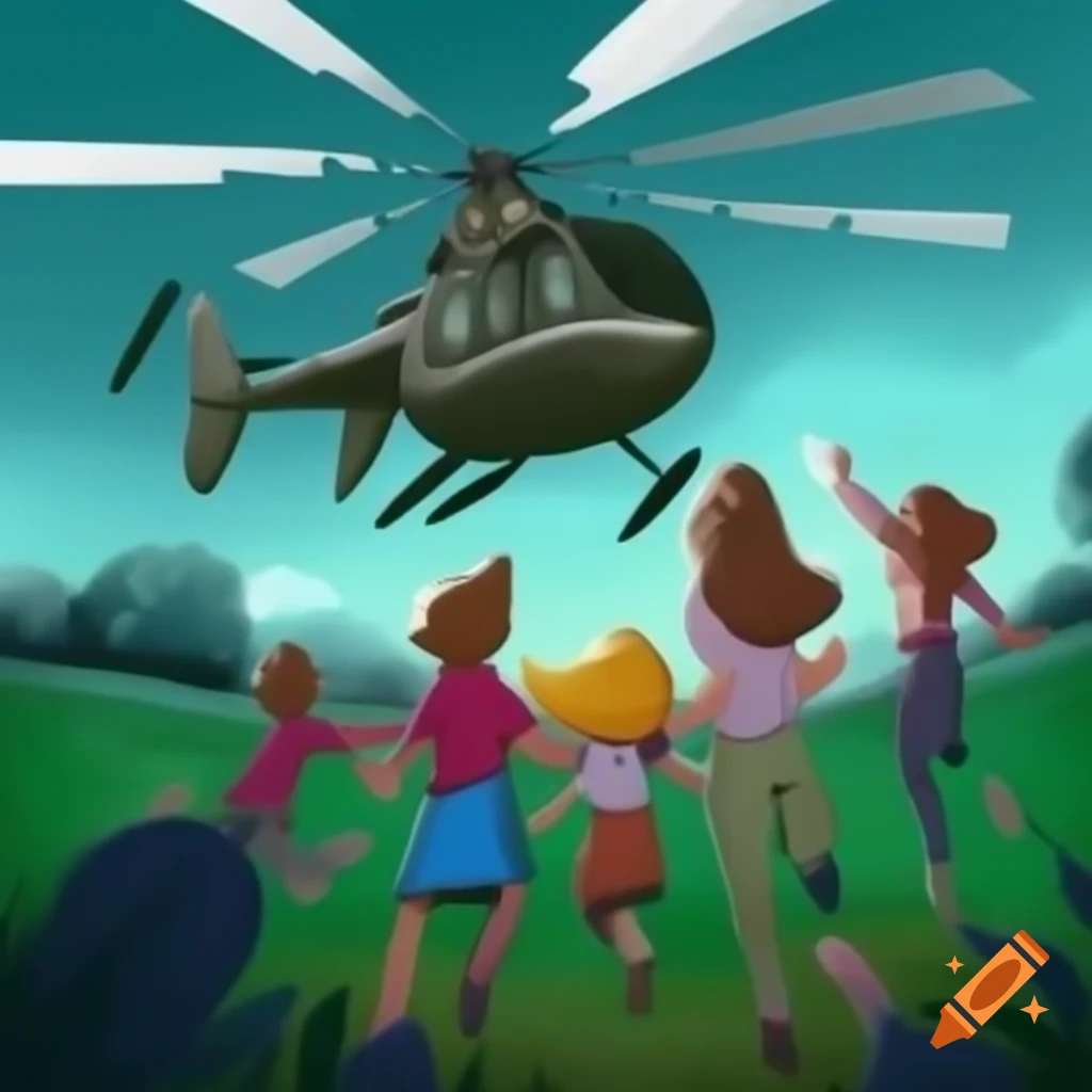 Labeled diagram of family in helicopter fleeing mutant tree on Craiyon