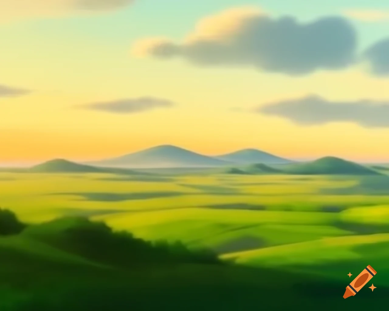Peaceful countryside at sunrise in Studio Ghibli animation style on Craiyon