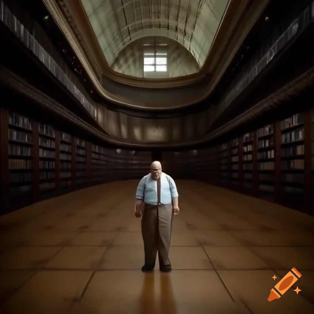 Destitute man in ragged clothing crying in deserted opulent library on ...