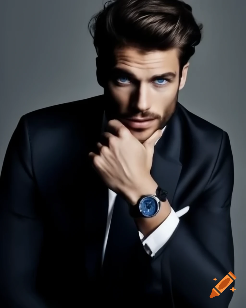 Stylish Italian men in suits featuring blue eyes and watches on Craiyon