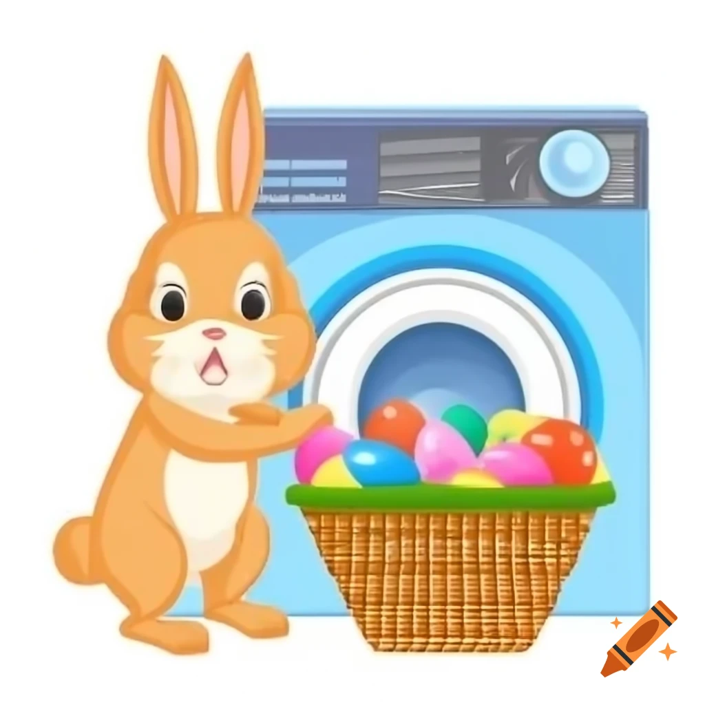 Easter bunny with basket of eggs beside washing machine hiding eggs ...