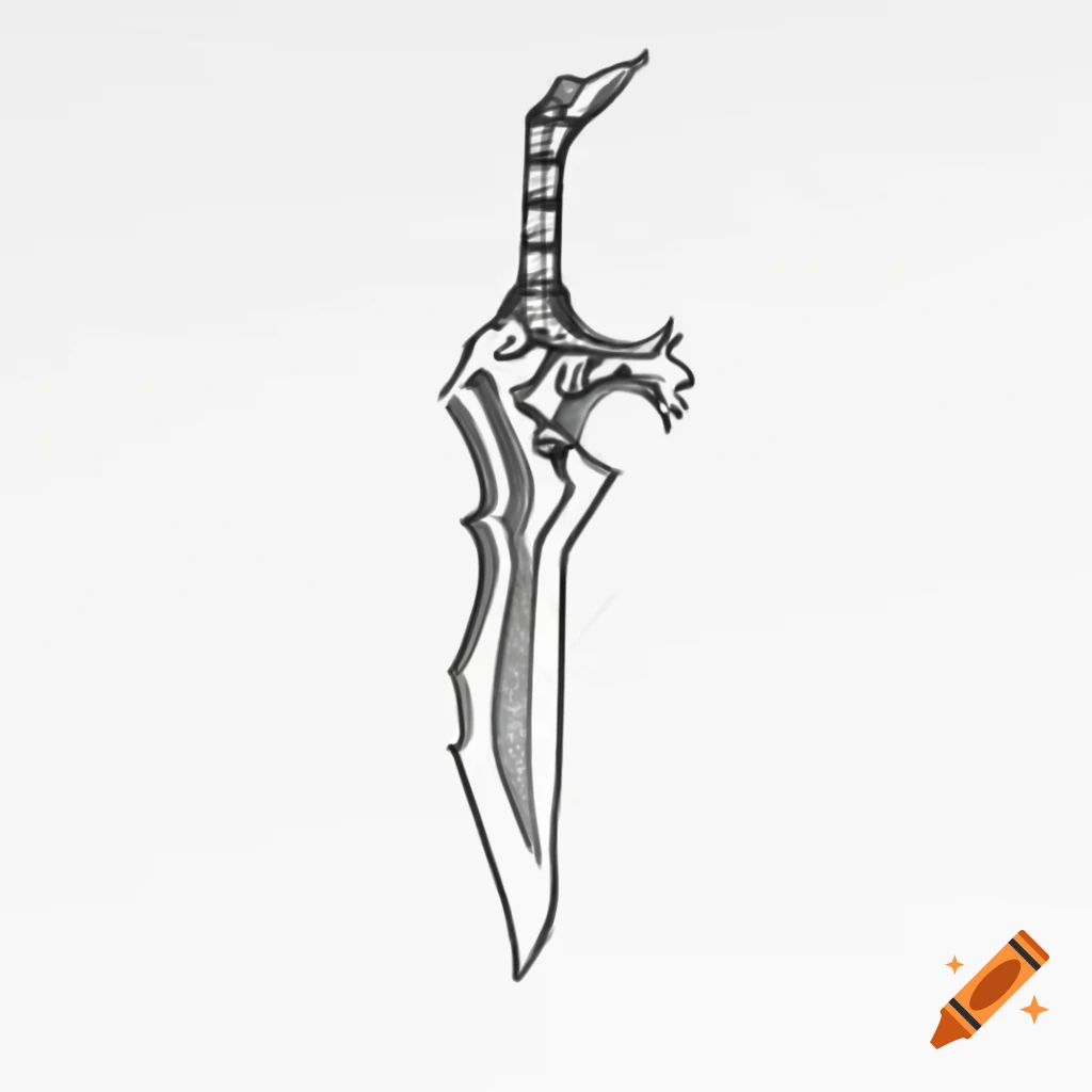 Intricate line drawing of cyberpunk sword hilt with artistic details on ...