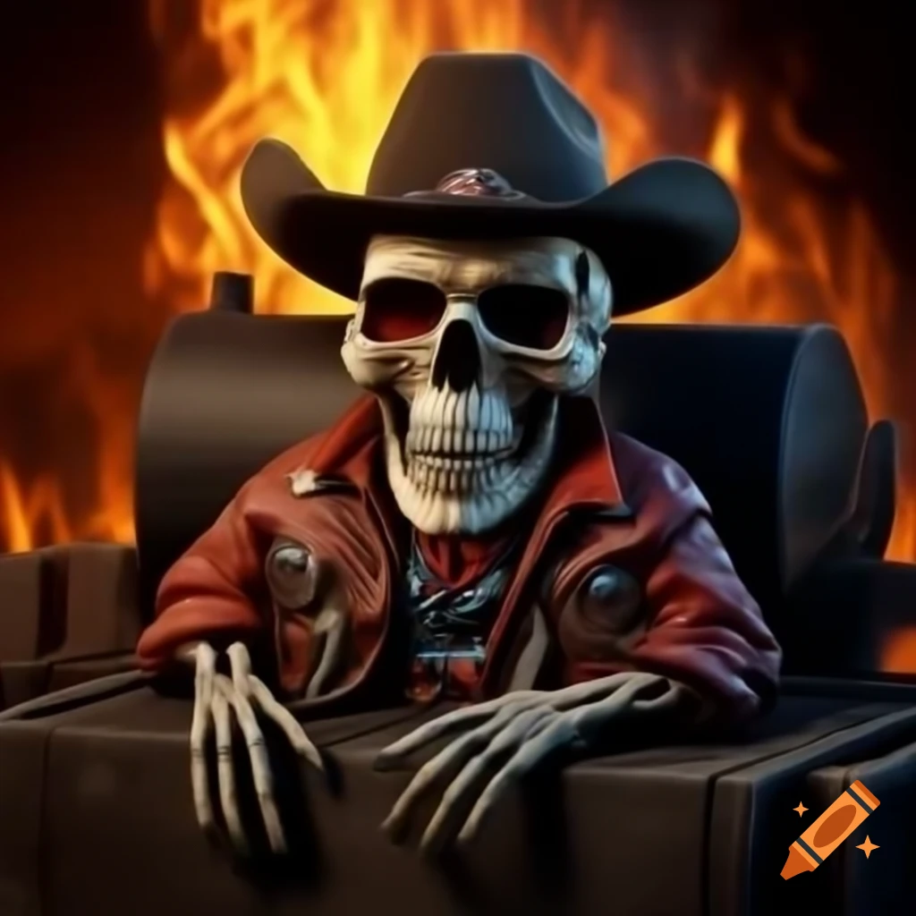 BBQ smoker shaped like western wagon with cowboy skull and bold ...