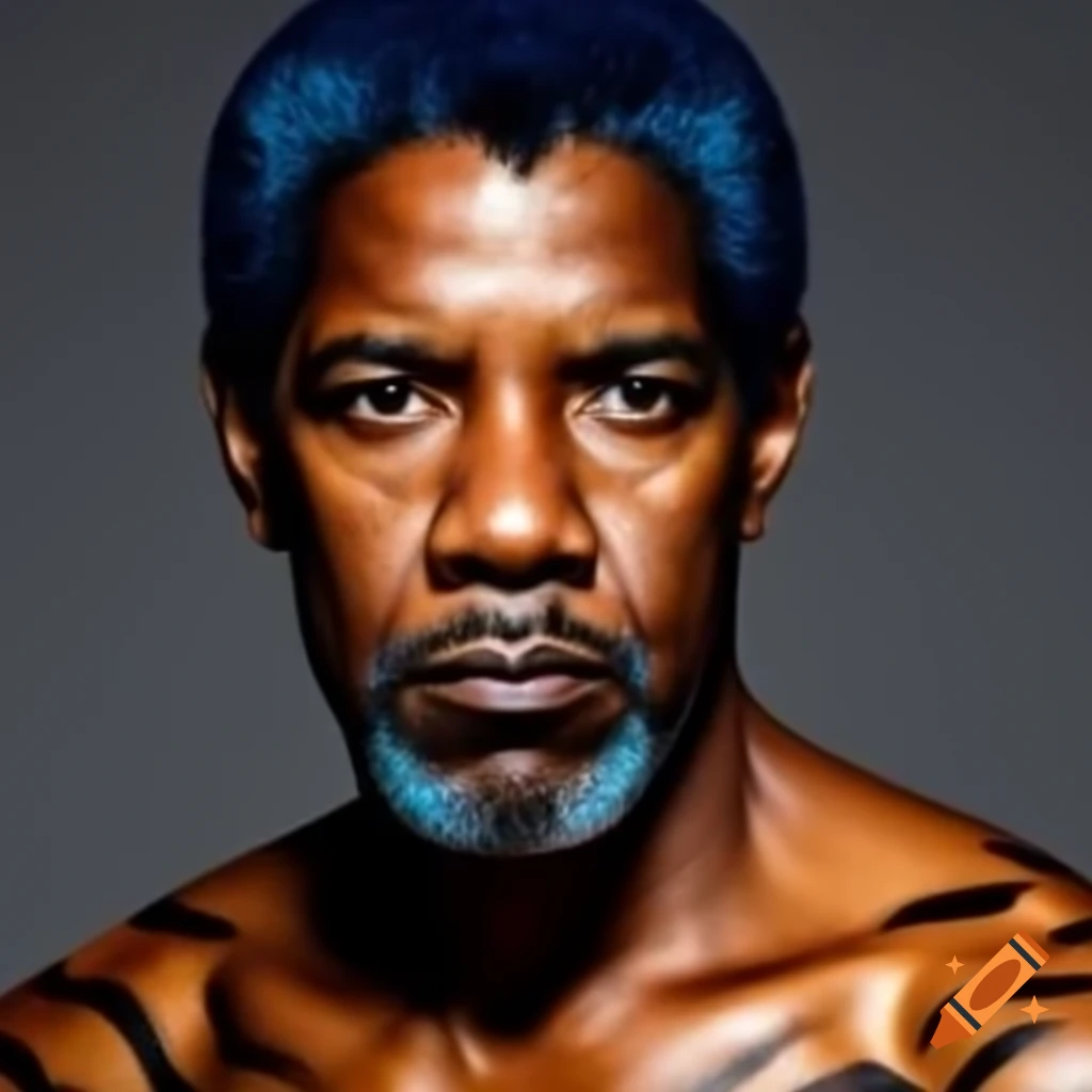 Muscular person with tiger-style makeup featuring blue hair and orange ...