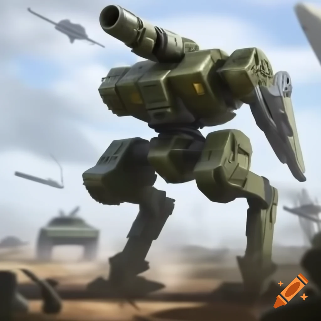 Heavily armored bipedal battle mech with angular design and weapon pods ...
