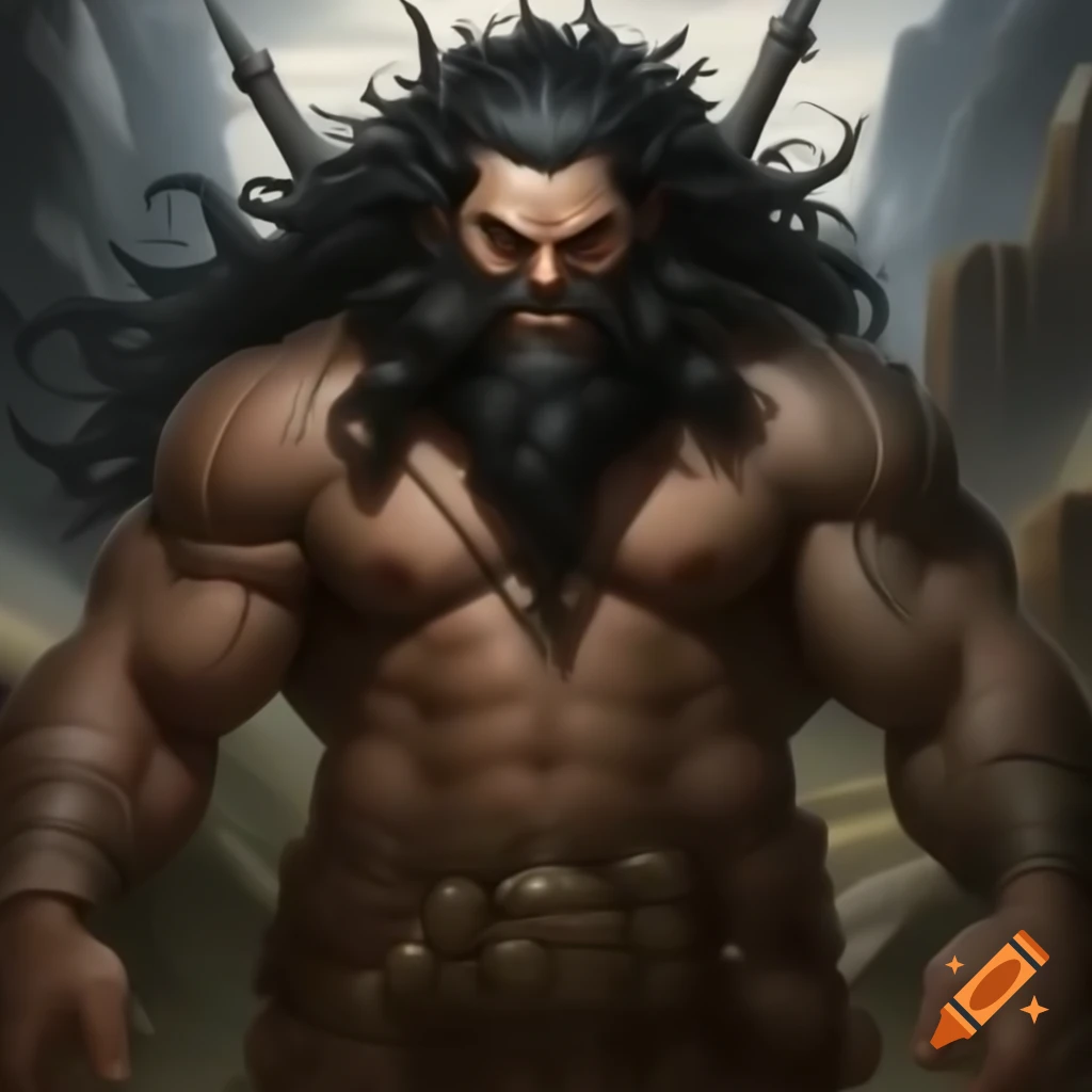 Muscular man with sharp teeth and metal piston in rocky environment ...