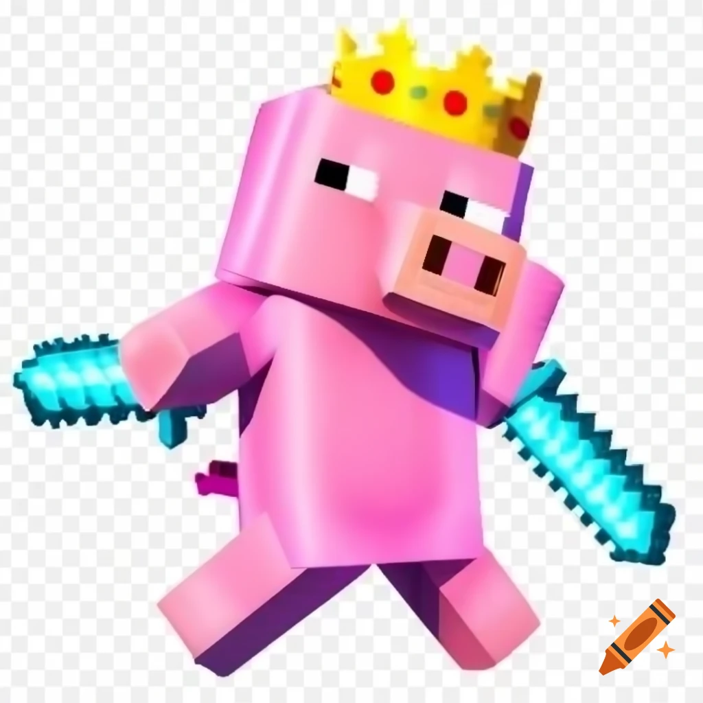 Animated pixel art Minecraft pig with crown and blue sword on Craiyon