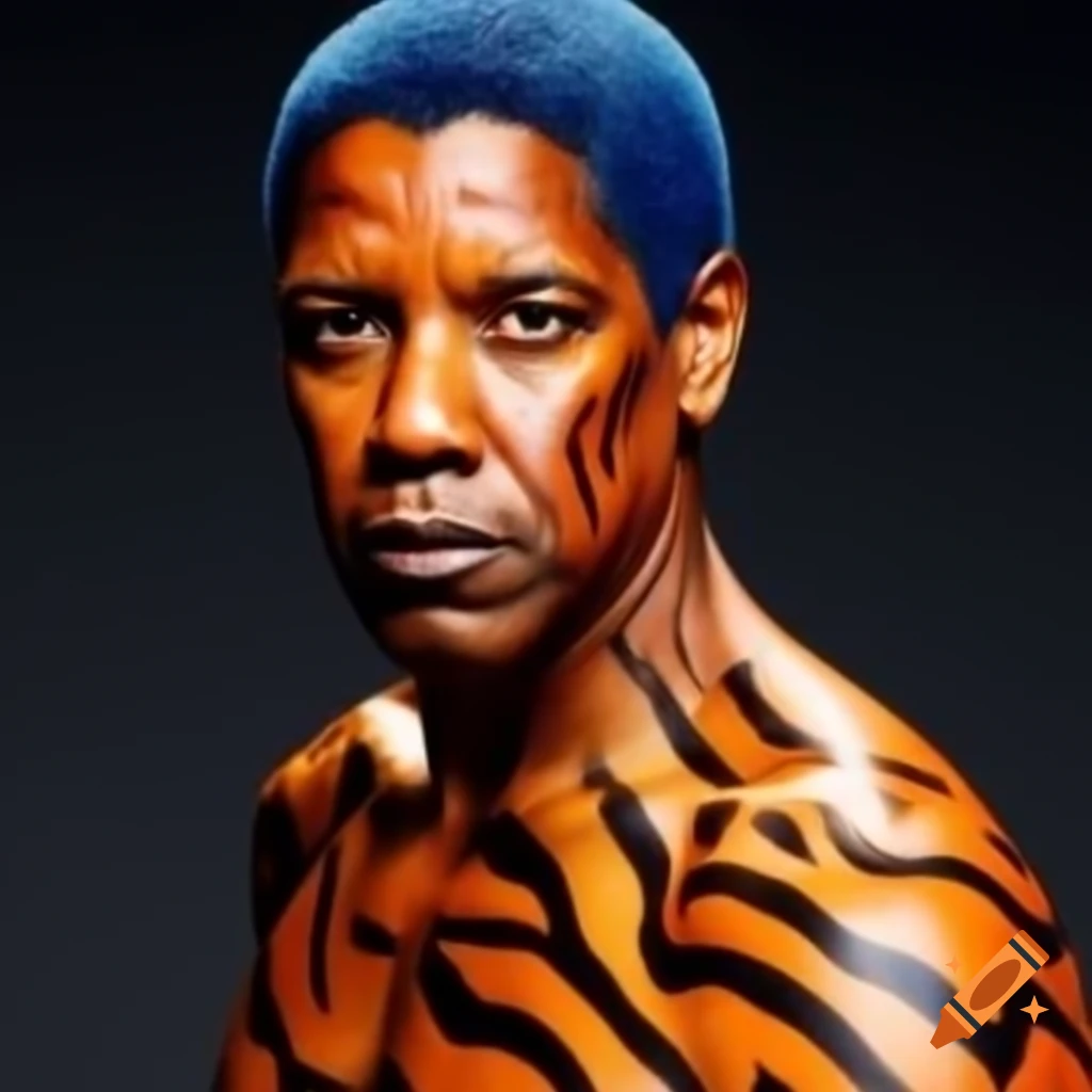 Muscular person with tiger-style makeup and vibrant colors on Craiyon