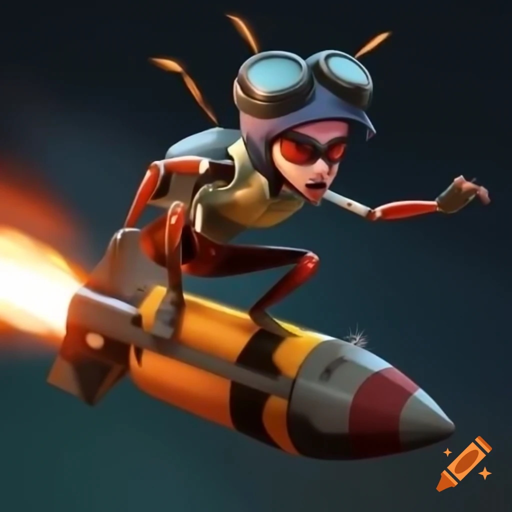 Fictional ant in sci-fi gear flying a rocket in a warzone on Craiyon