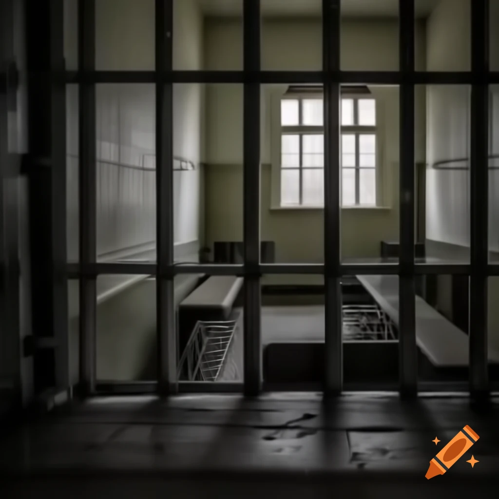 Spooky grey prison room with tired prisoners on benches on Craiyon