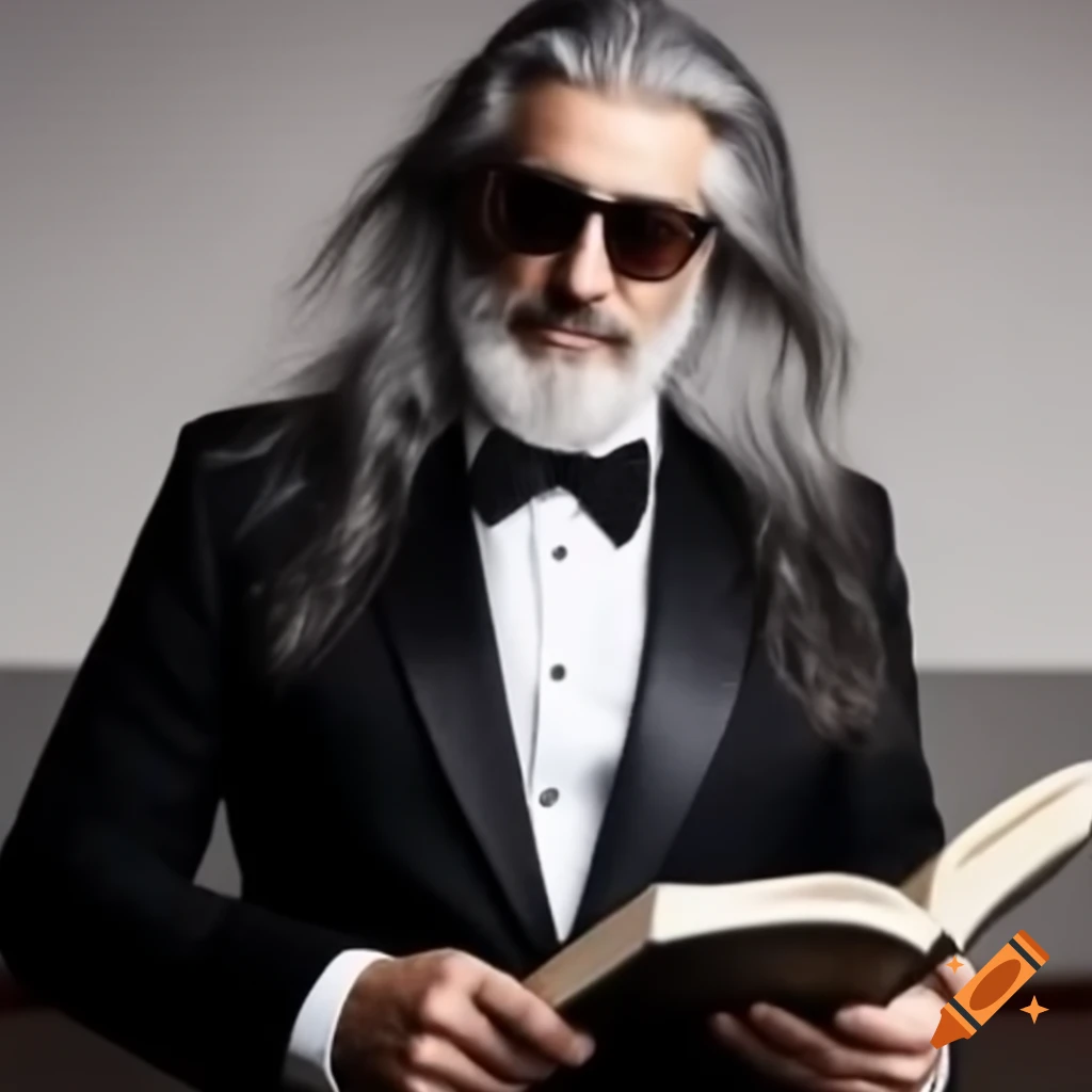 Young Greek rockstar in tuxedo with long gray hair reading a book on ...