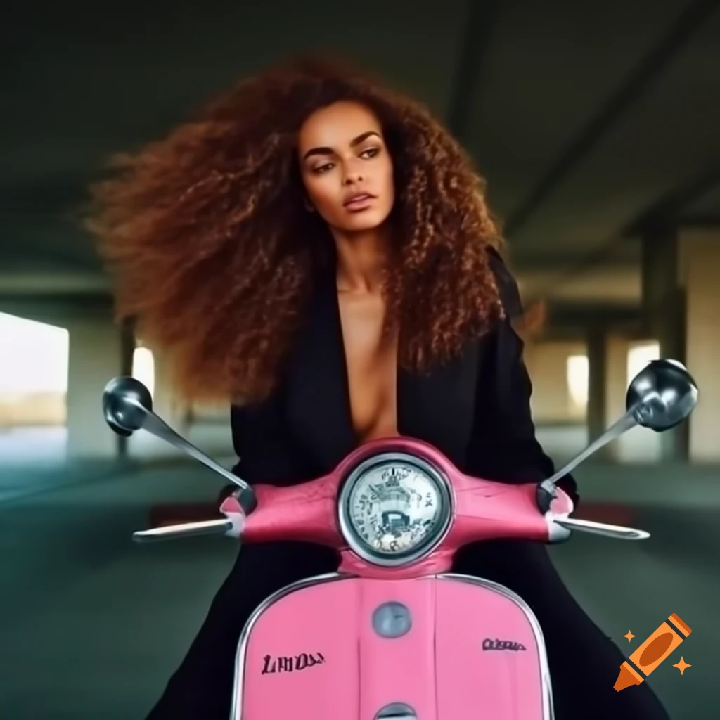 Supermodel with curly hair riding pink Vespa in empty parking garage on ...