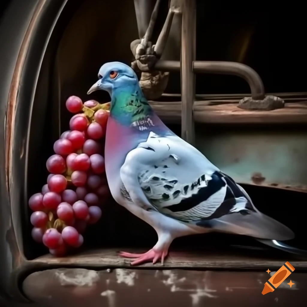 Unique pigeon resembling grapes next to an old rusty car on Craiyon