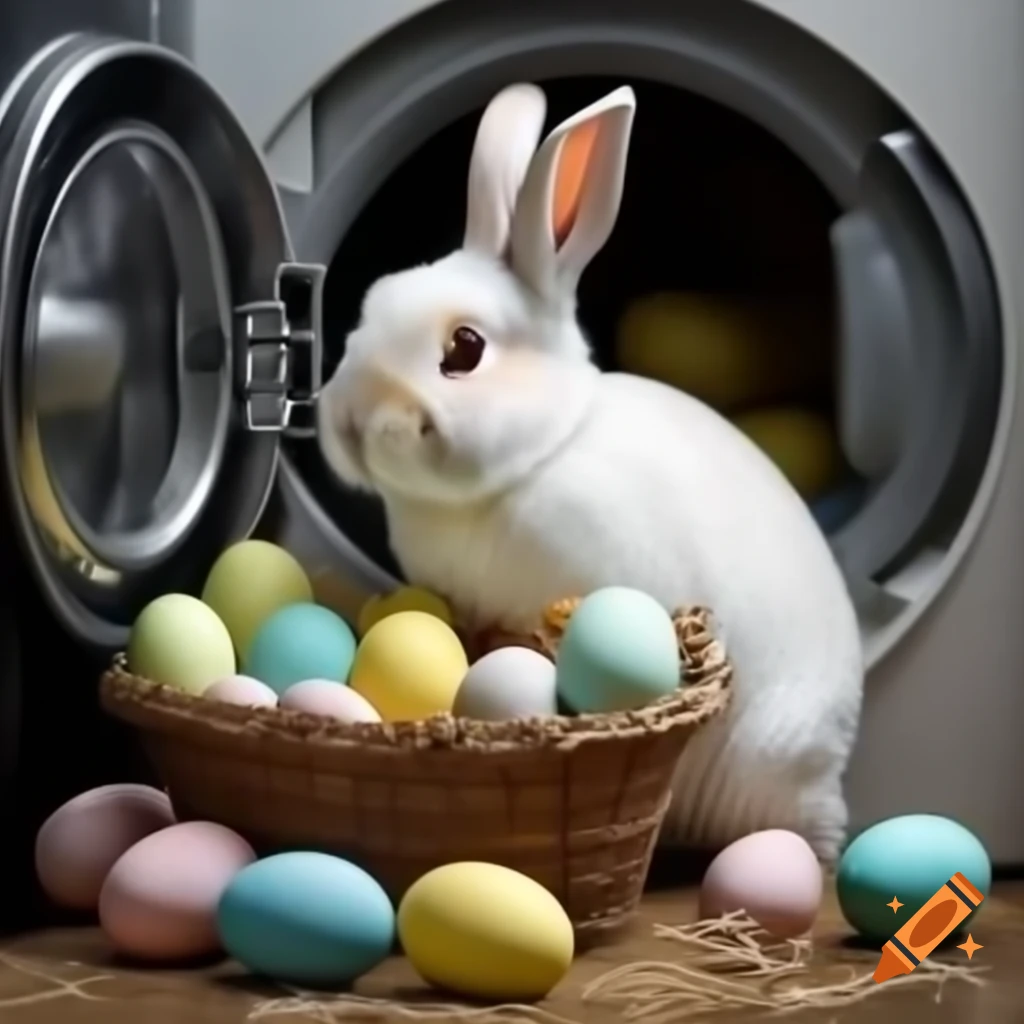 Easter bunny with basket of eggs hiding eggs in washing machine on Craiyon