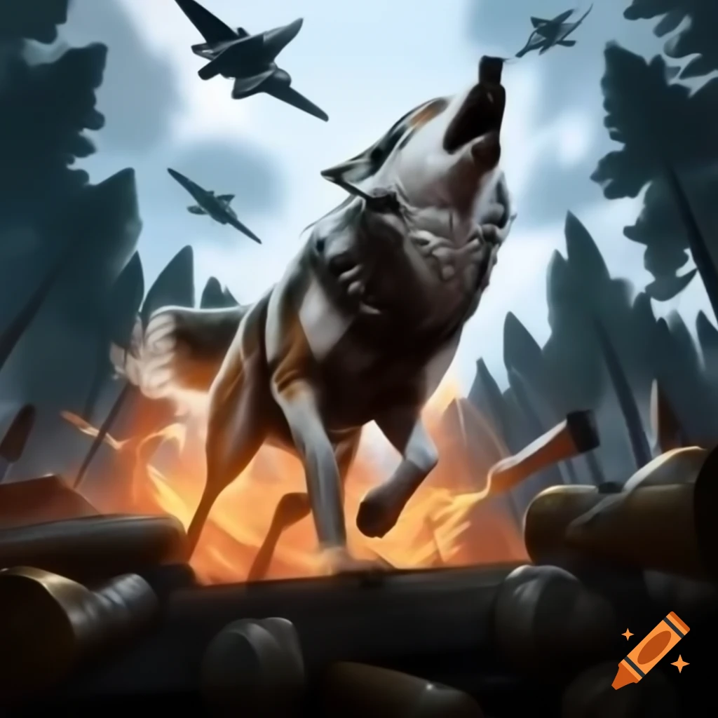 Wolf running in forest amidst black and white explosion art on Craiyon