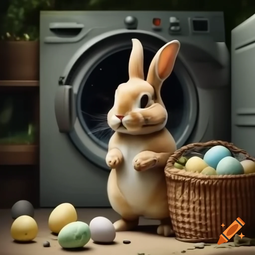Easter bunny with basket of eggs hiding eggs in washing machine on Craiyon