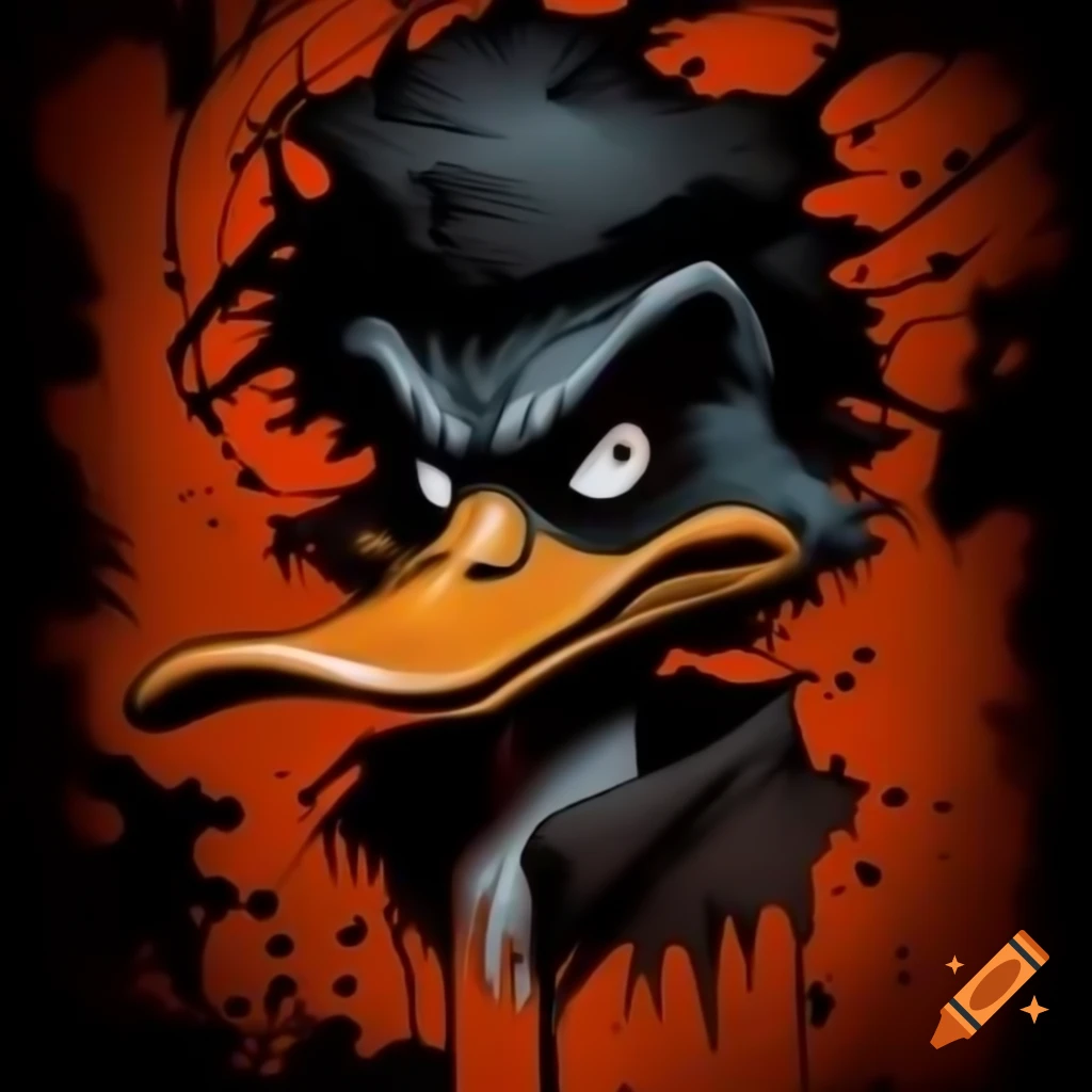 Stylized evil duck character with sharp teeth and dark eyes in gritty digital art on Craiyon