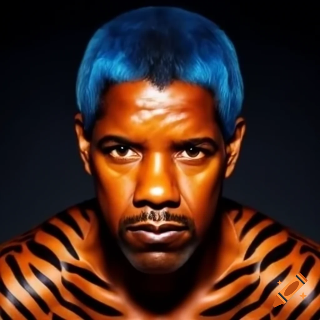 Muscular person with tiger-style makeup featuring blue hair and orange ...