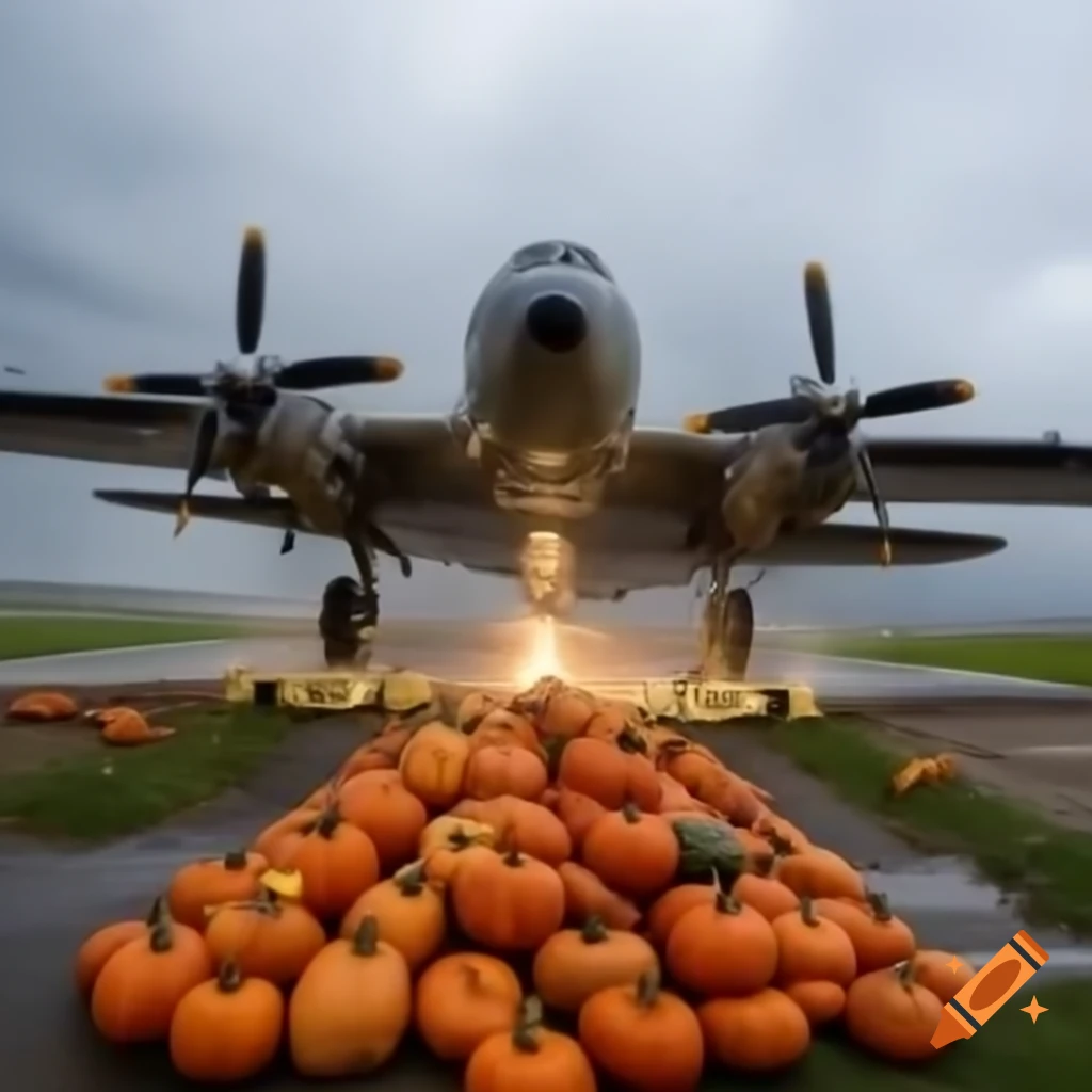 Bomber plane with lion face propeller flying amidst falling pumpkins and watermelons on Craiyon