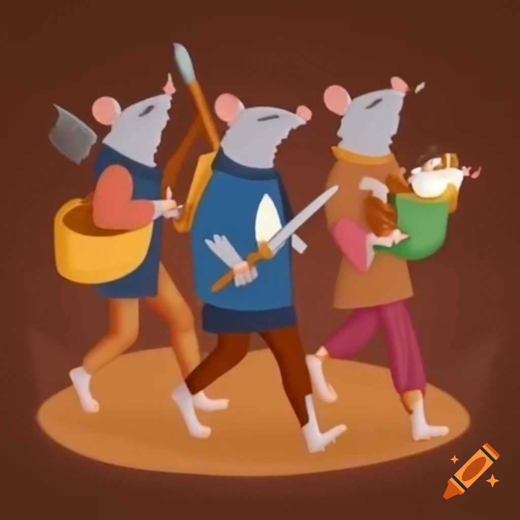 Three medieval rat laborers carrying heavy items like swords and ...