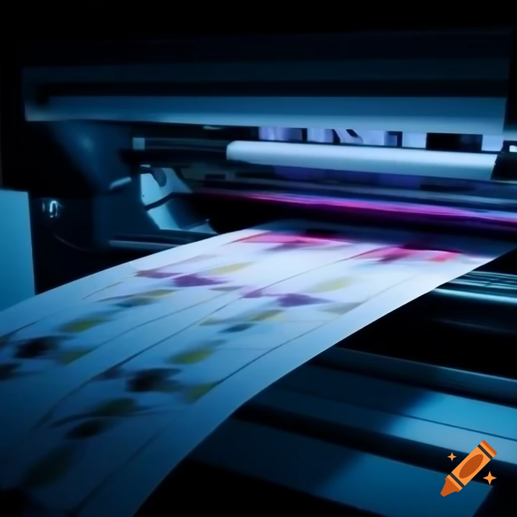 Dynamic close-up of modern digital printing press with A3 paper on Craiyon