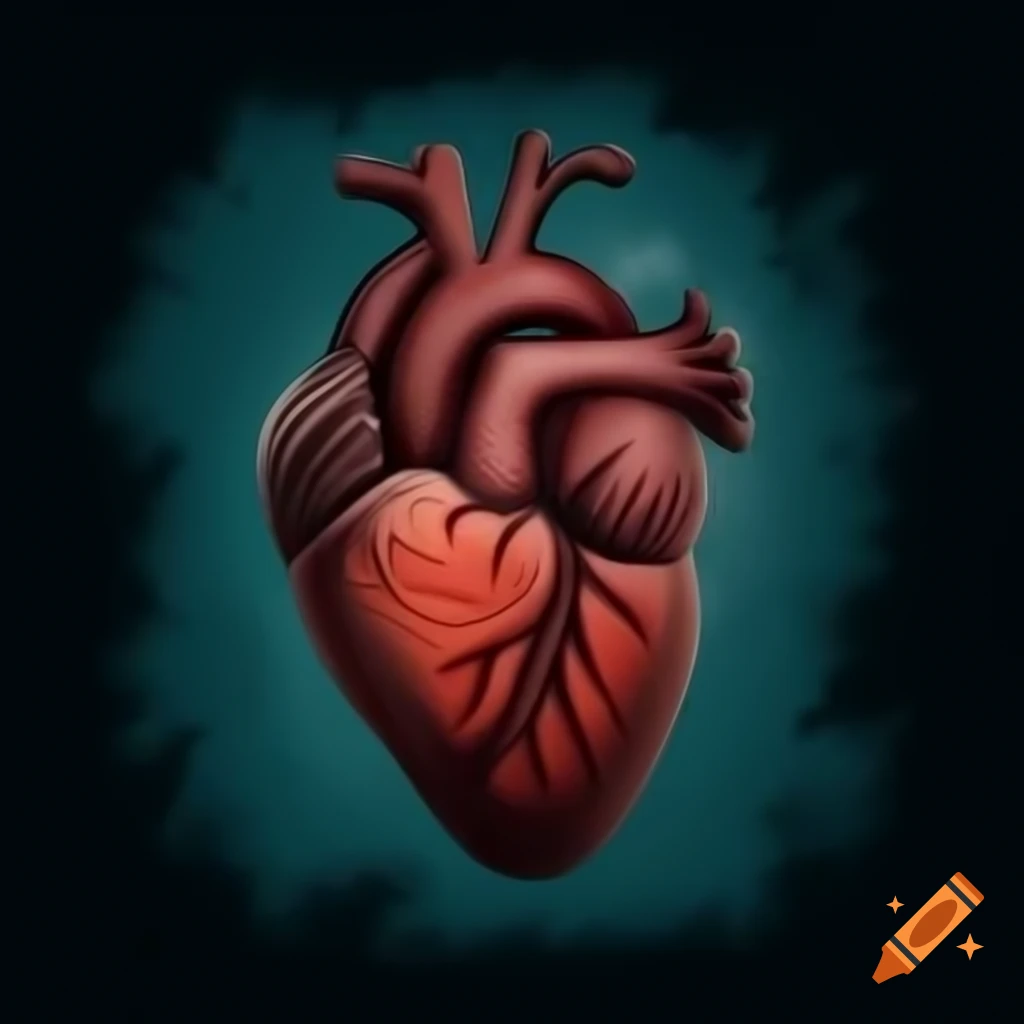 Stylized realistic anatomical heart illustration on dark textured ...