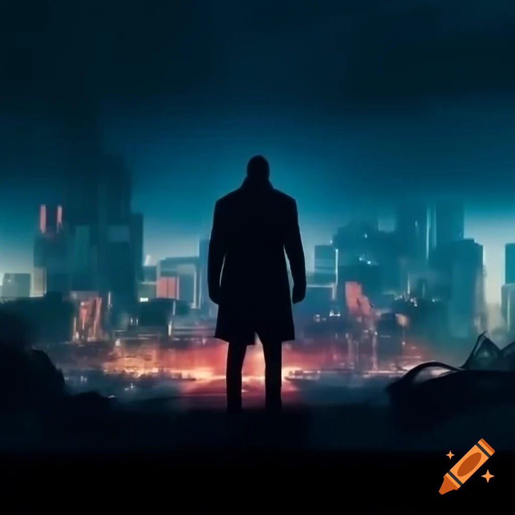 Silhouette in neon cityscape reflecting film noir themes on Craiyon