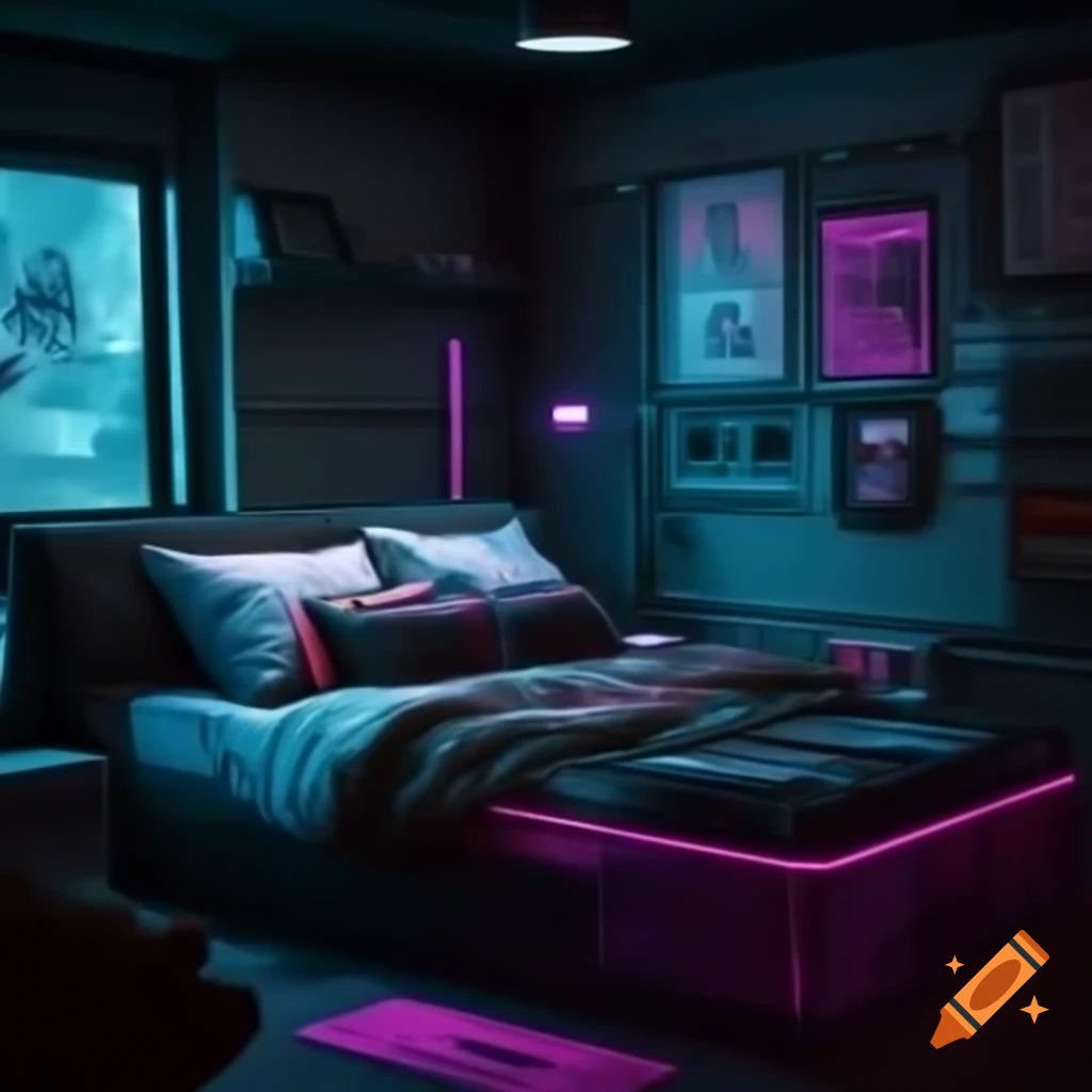 Bedroom design inspired by Cyberpunk 2077 theme and textures on Craiyon