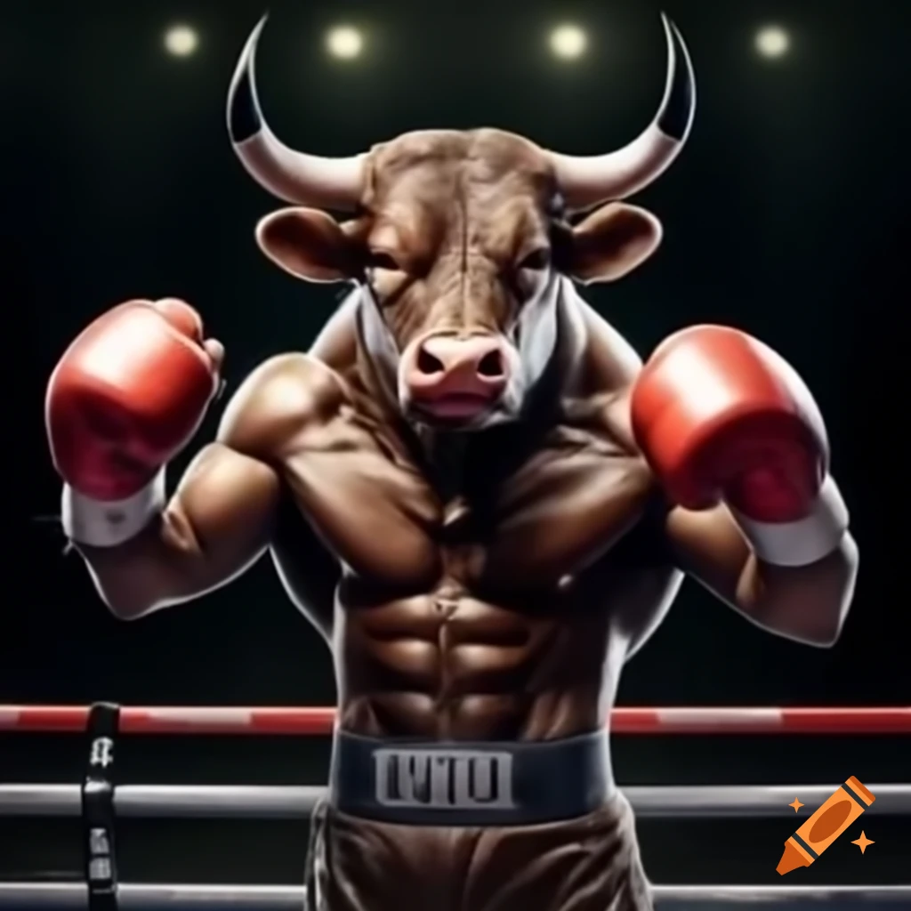 Muscular bull in boxing gloves ready for a match on Craiyon