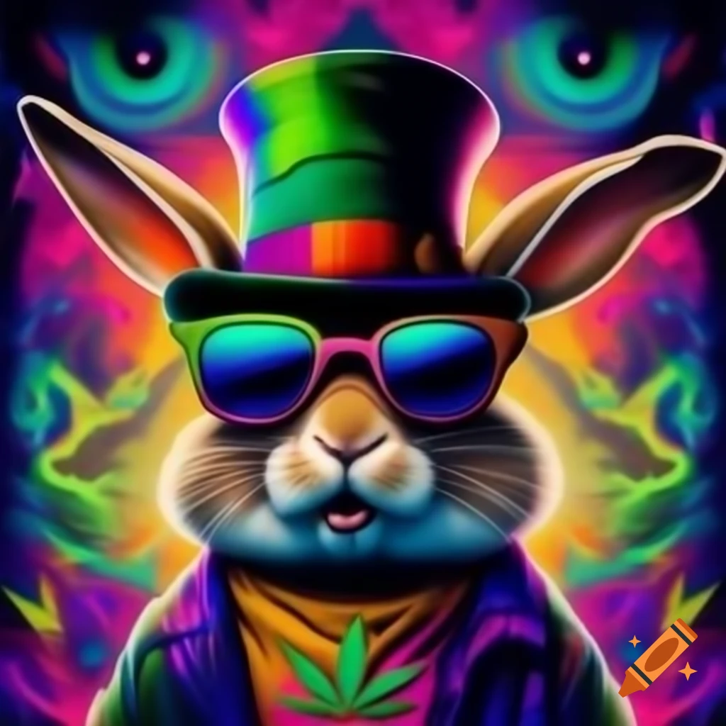 Surreal psychedelic illustration of a large laughing rabbit in top hat ...