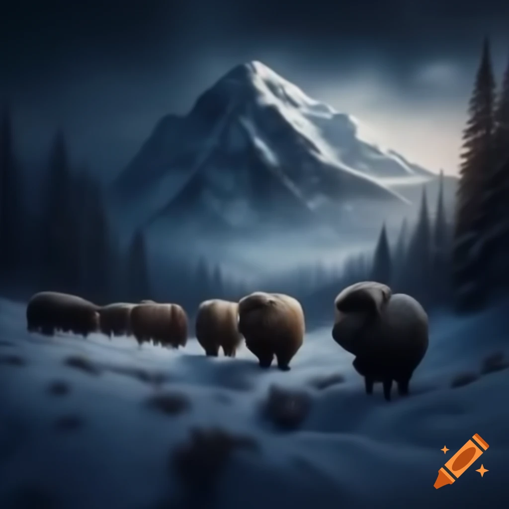 Hyper realistic winter night scene with mountains on Craiyon
