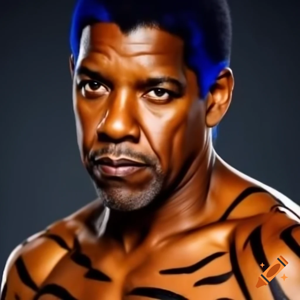 Muscular figure with tiger-style makeup featuring blue hair and orange ...