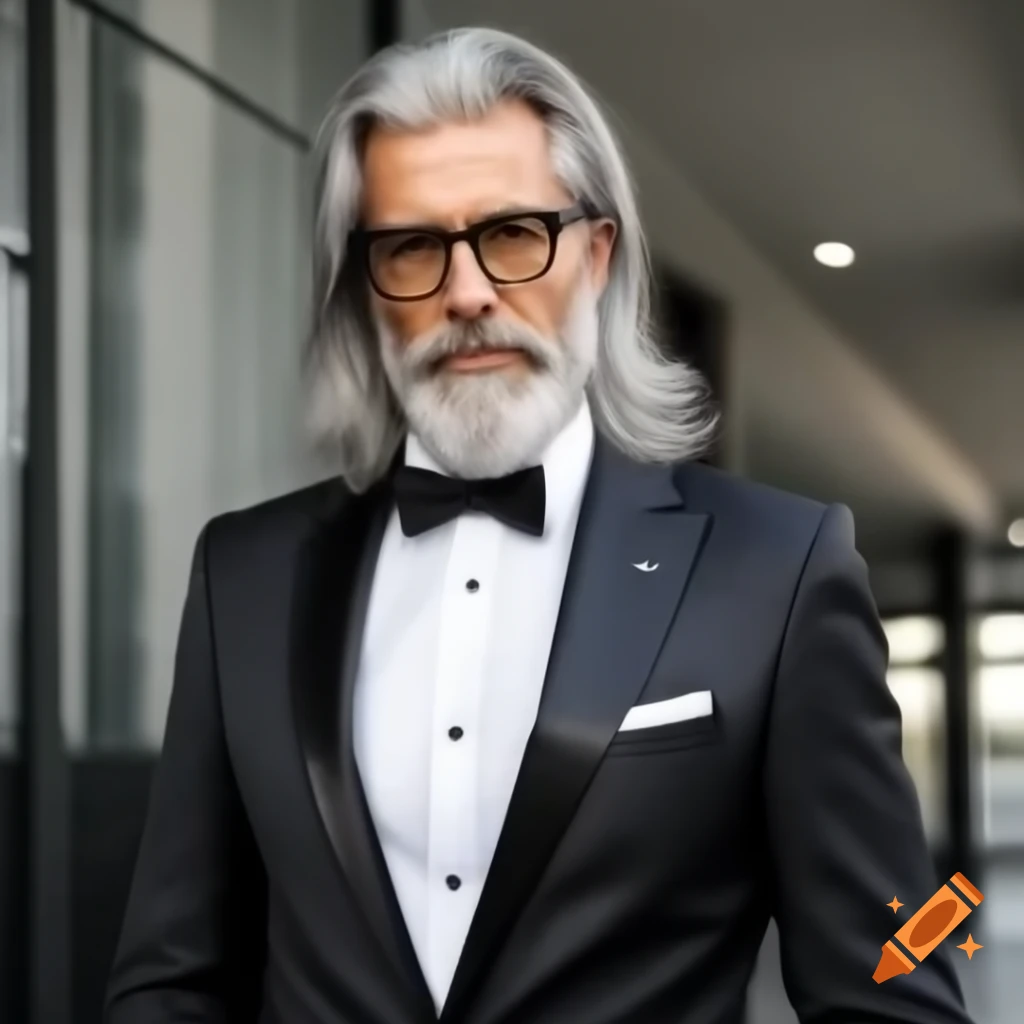 Confident young man with gray hair and tuxedo, inspired by rockstar ...