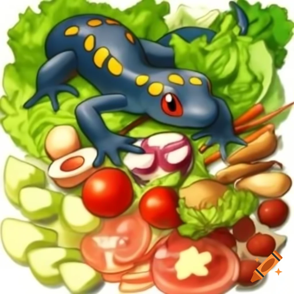 Salamander created from salad ingredients in Pokémon art style on Craiyon