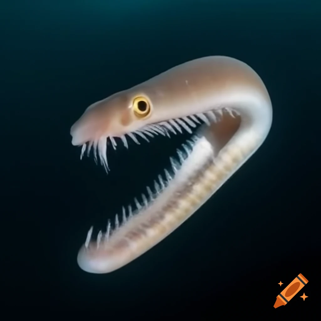 Segmented fish resembling giant worm with pale skin and sharp teeth on ...