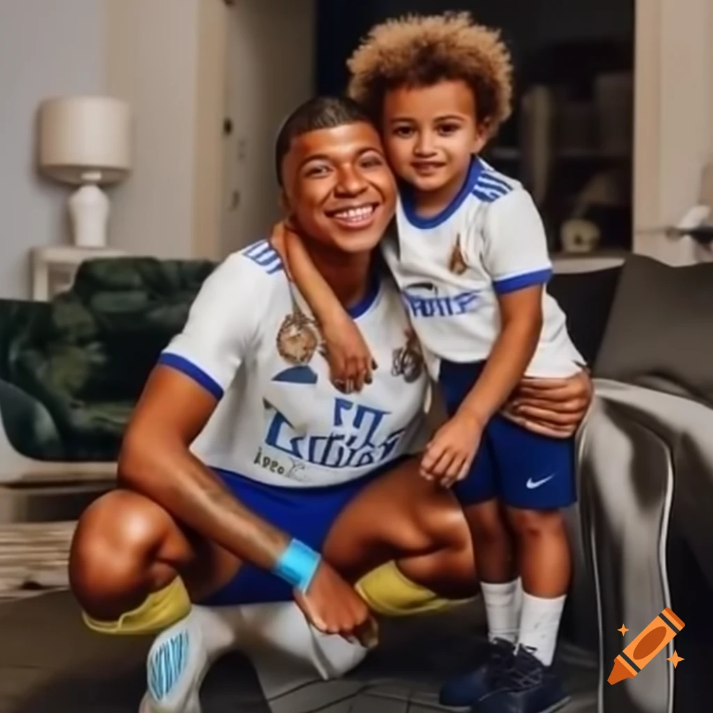 Kylian Mbappe in Real Madrid jersey with a child on Craiyon