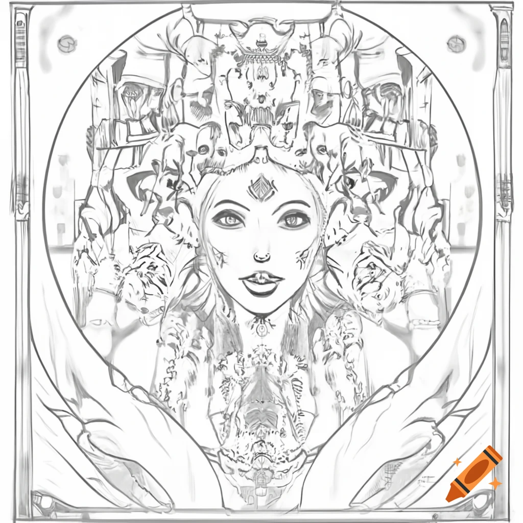 Black and white line art of esoteric and mystical subjects, coloring ...