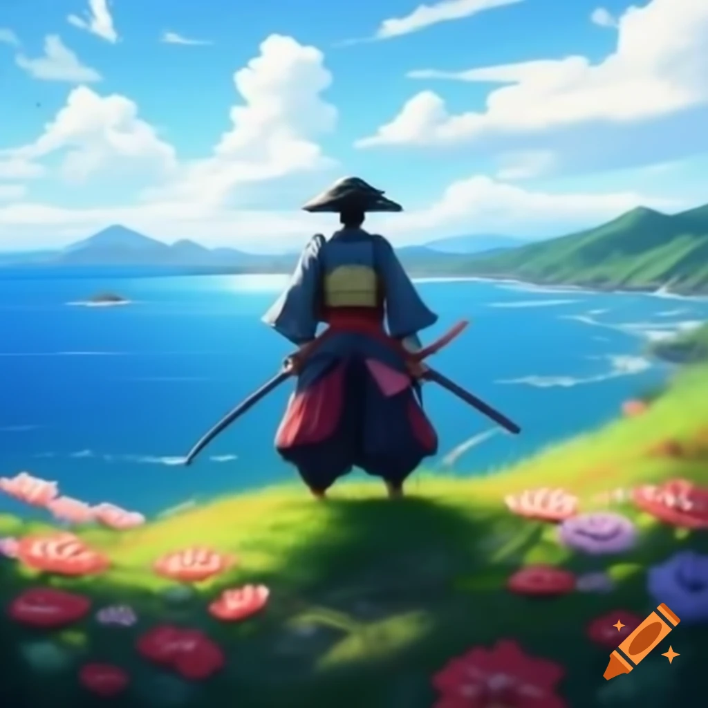 Japanese samurai overlooking the sea from a hill adorned with flowers ...